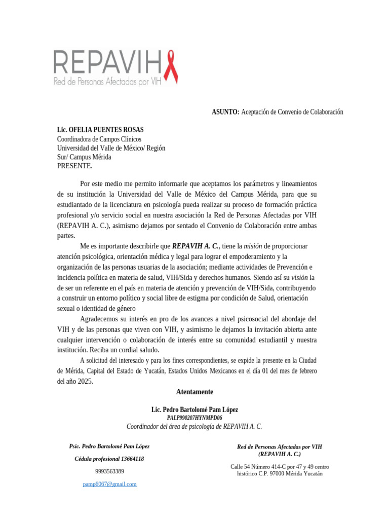 Carta Aceptación Convenio Repavih Uvm | PDF | Sicología | México