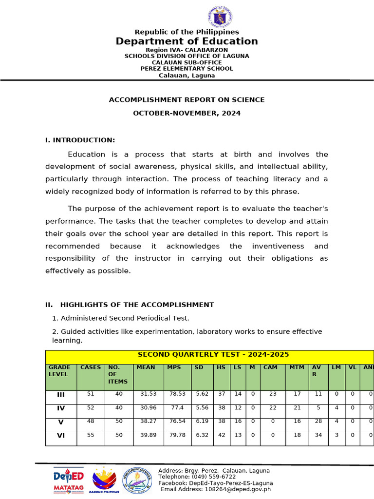 PEREZ ES Accomplishment Report in Science - Oct-Dec, 2024 | PDF | Intelligence | Learning