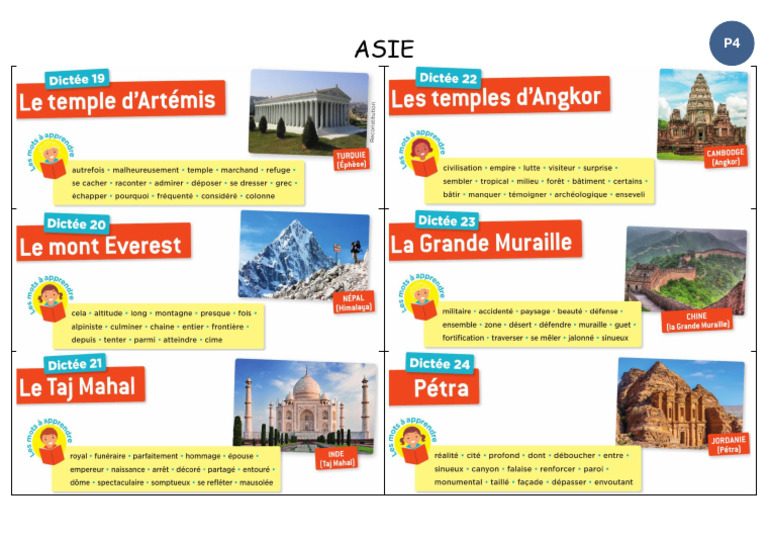 CM - Dictée - Les Merveilles Du Monde - Liste de Mots À Connaître - P4 ...