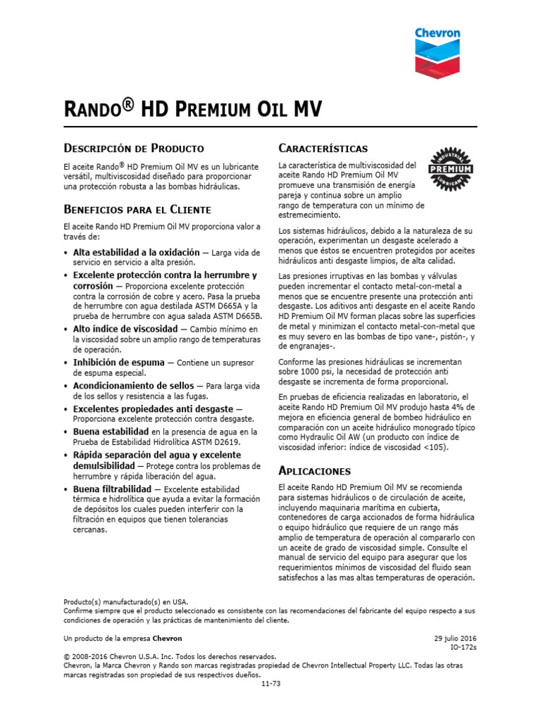 Aceite Rando HD ISO 32: Ficha Técnica | PDF | Bomba | Corrosión
