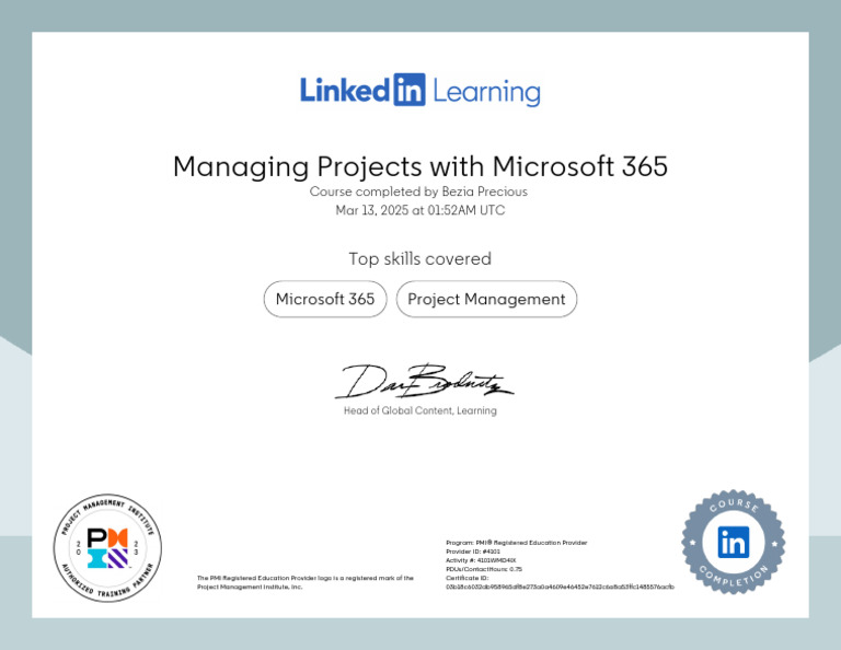 CertificateOfCompletion - Managing Projects With Microsoft 365 | PDF