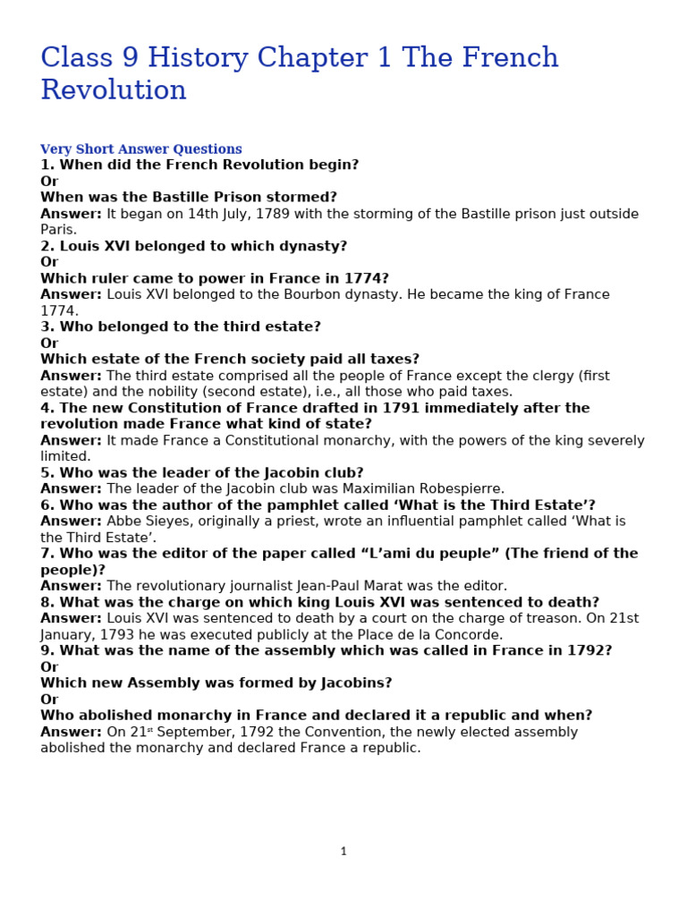 Class 9 History Chapter 1 The French Revolution | PDF | French Revolution | Reign Of Terror