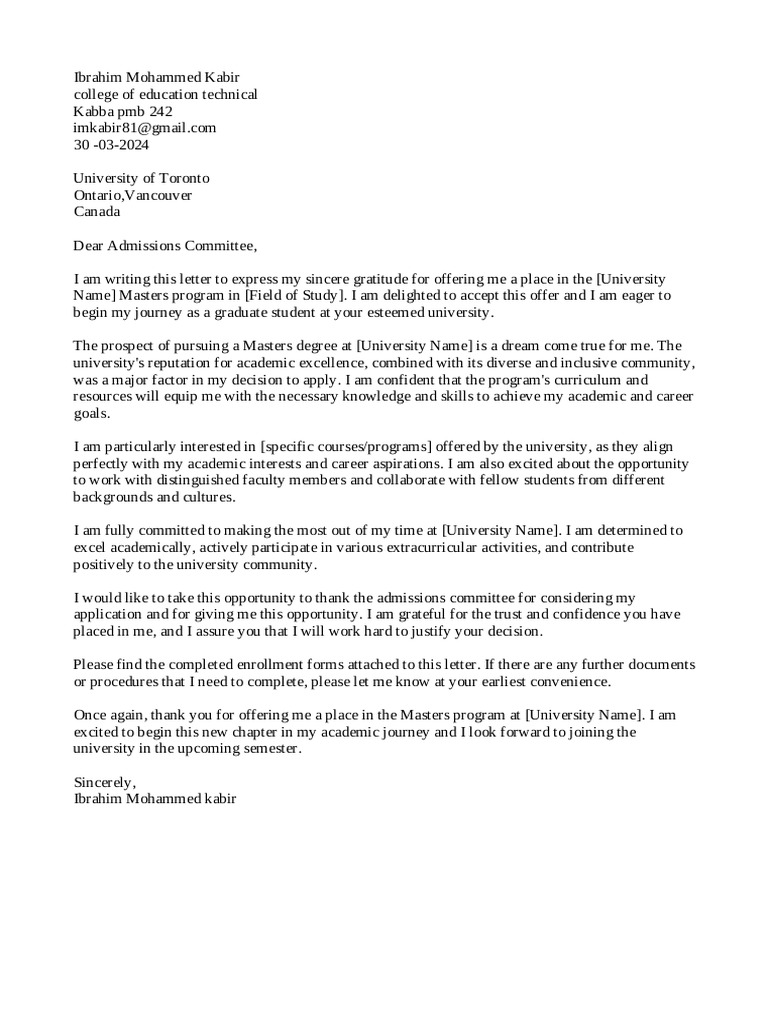 Acceptance of University Offer Letter | PDF