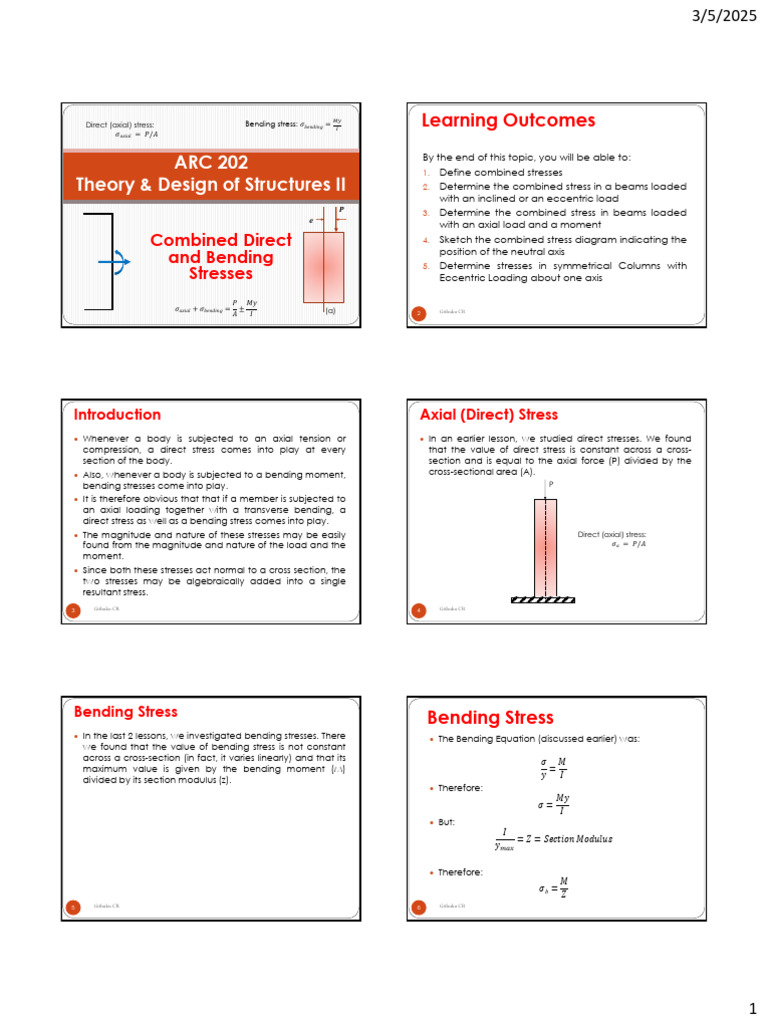 ARC 202 - 3 - Combined Direct and Bending Stresses - 2025.03.05 | PDF | Bending | Beam (Structure)