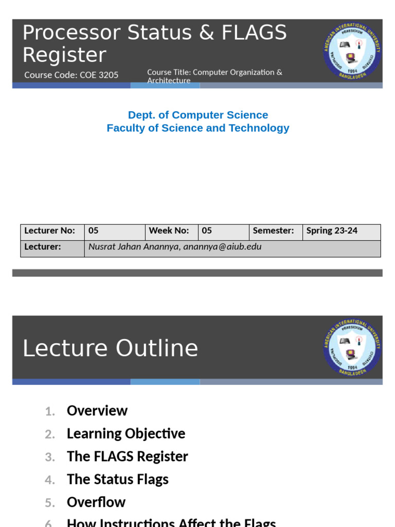 Spring 23-24 COA Lecture-5 Processor Status & FLAGS Register | PDF | Central Processing Unit | Bit