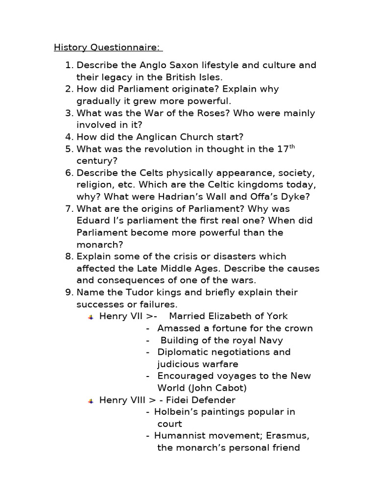 History Questionnaire | PDF | Kingdom Of England | House Of Tudor