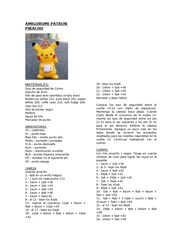 Patrón Amigurumi Pikachu | PDF