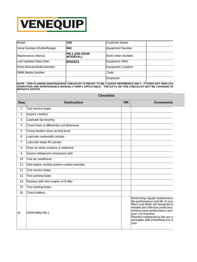 Checklist 01 14G 96u07000 99999 PM - 1 - Metric | PDF | Bearing ...