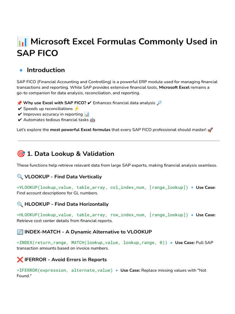 Essential Excel Formulas for SAP FICO | PDF | Microsoft Excel | Computing