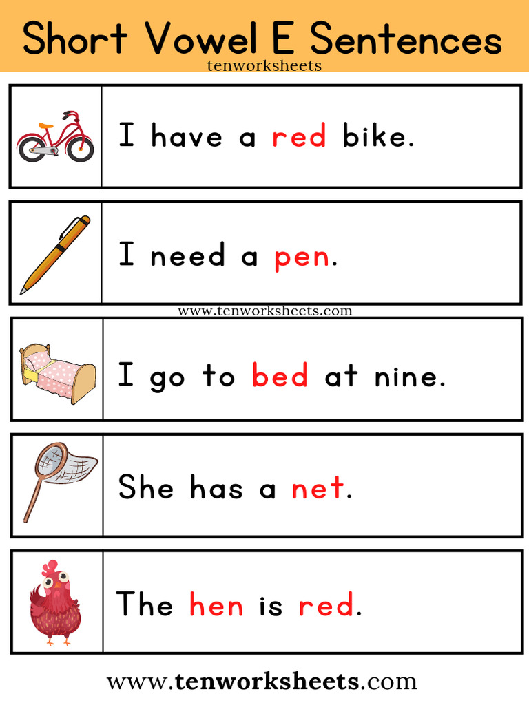 Short Vowel E Sentences Worksheet | PDF