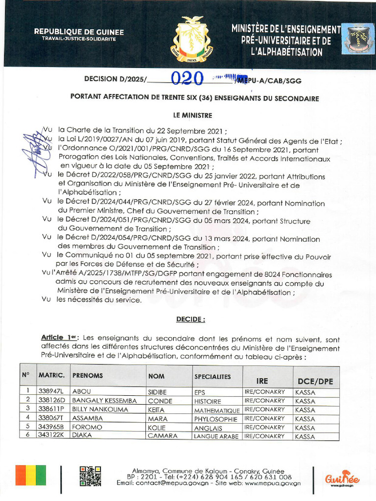 Decision Portant Affectation de 36 Enseignants | PDF