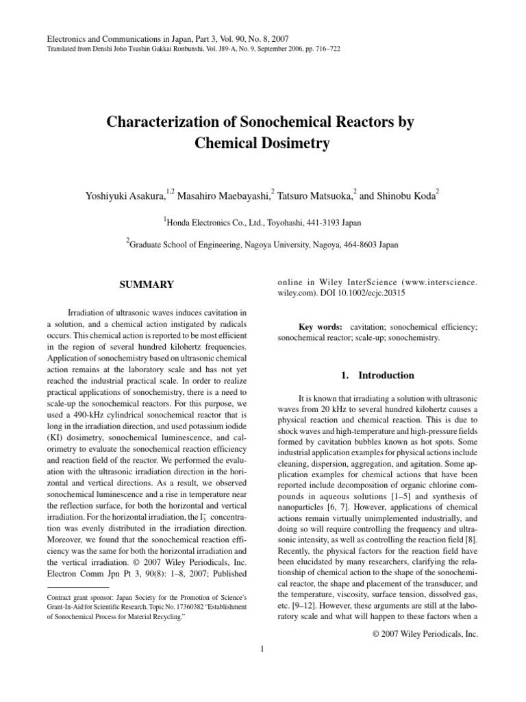 2007 Characterization of Sonochemical Reactors by Chemical Dosimetry | PDF | Ultrasound ...