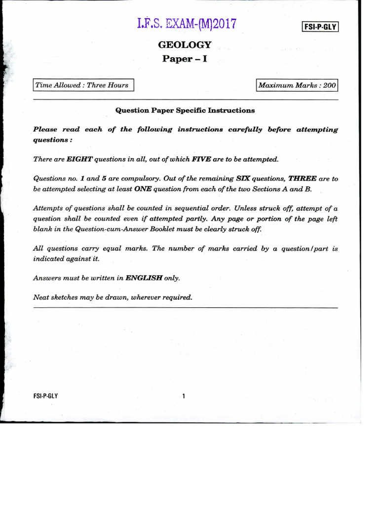 Geology Paper I Ifs Main Examination 2017 Question Paper 1254 | PDF ...