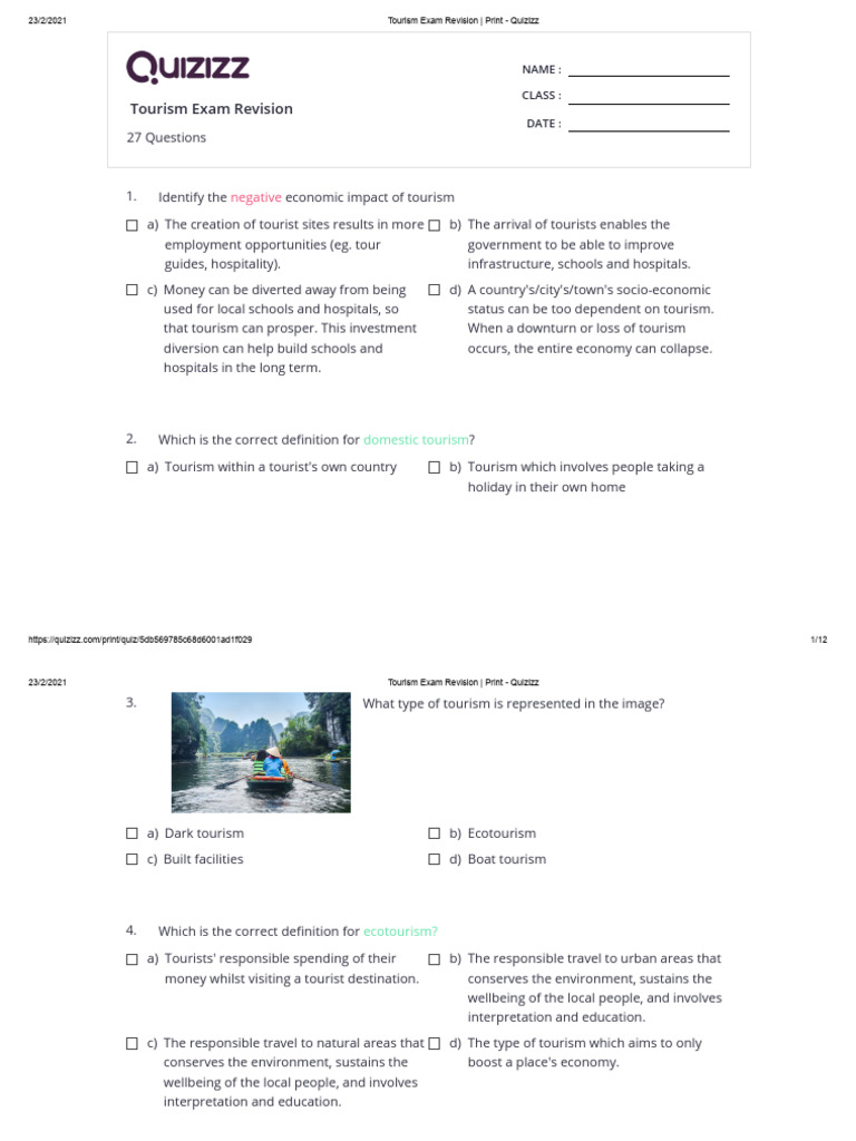 Tourism Exam Revision Quiz Questions | PDF | Tourism | Vietnam