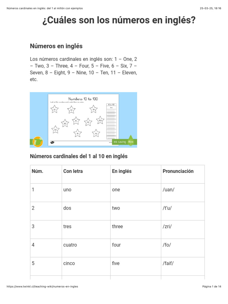 Números Cardinales en Inglés: Del 1 Al Millón Con Ejemplos | PDF
