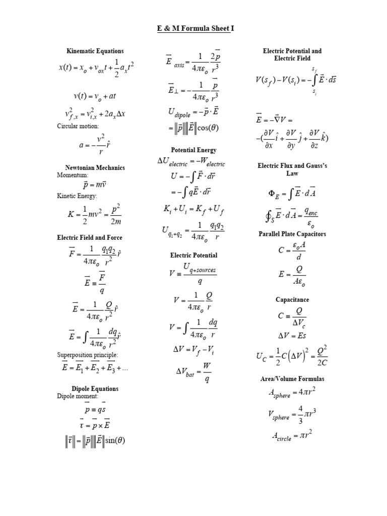 E and M Equation - Sheet | PDF | Theoretical Physics | Physics