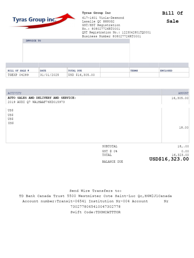 Invoice 2019 AUDI Q7 WA1MAAF76KD015973 | PDF