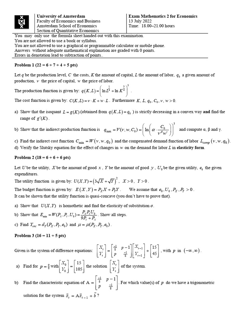 Mathematics Exam for Economics 2022 | PDF | Eigenvalues And ...