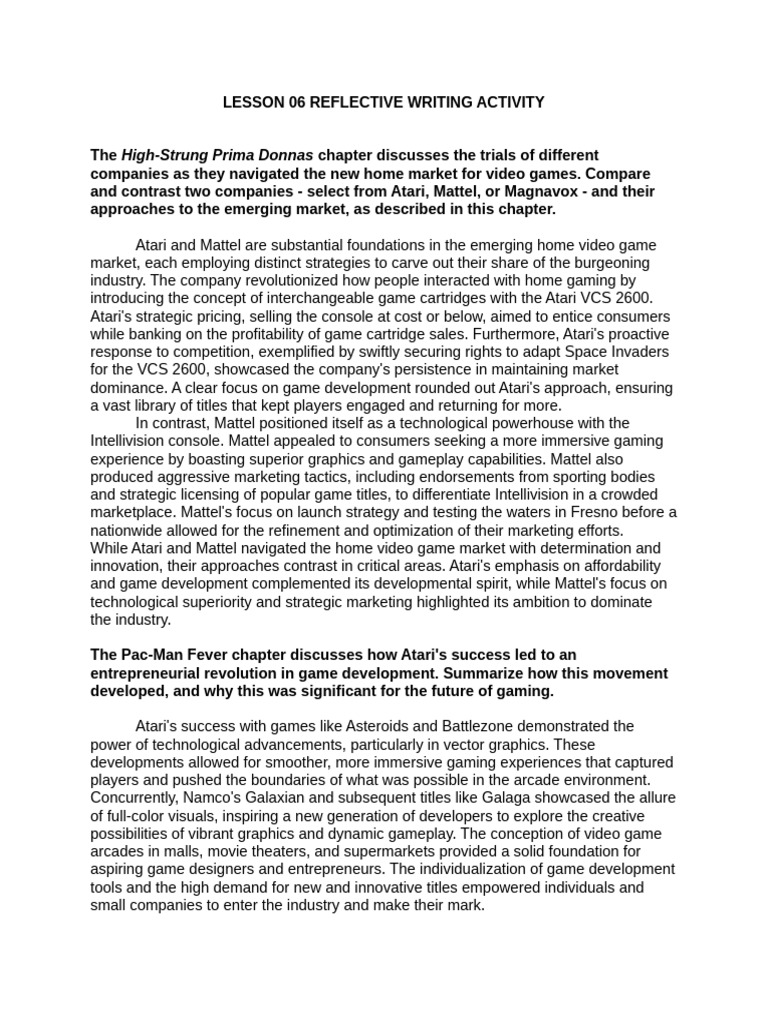 Reflective Writing Activity | PDF | Entrepreneurship | Video Games