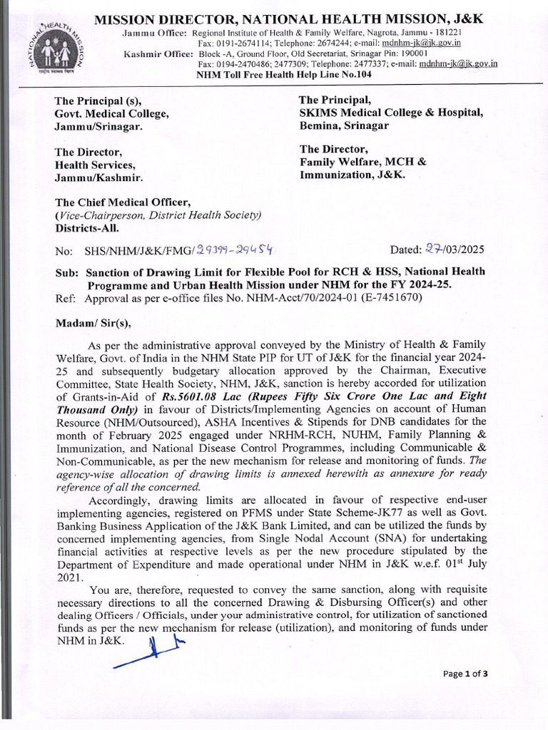 Sanction of Drawing Limit NHM and Urban Health Mission Under NHM FY 2024-25 - 0001 | PDF