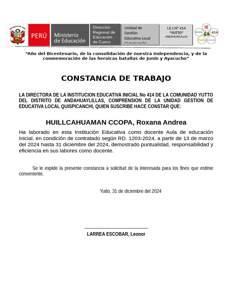CONSTANCIA DE TRABAJO ROXANA | PDF