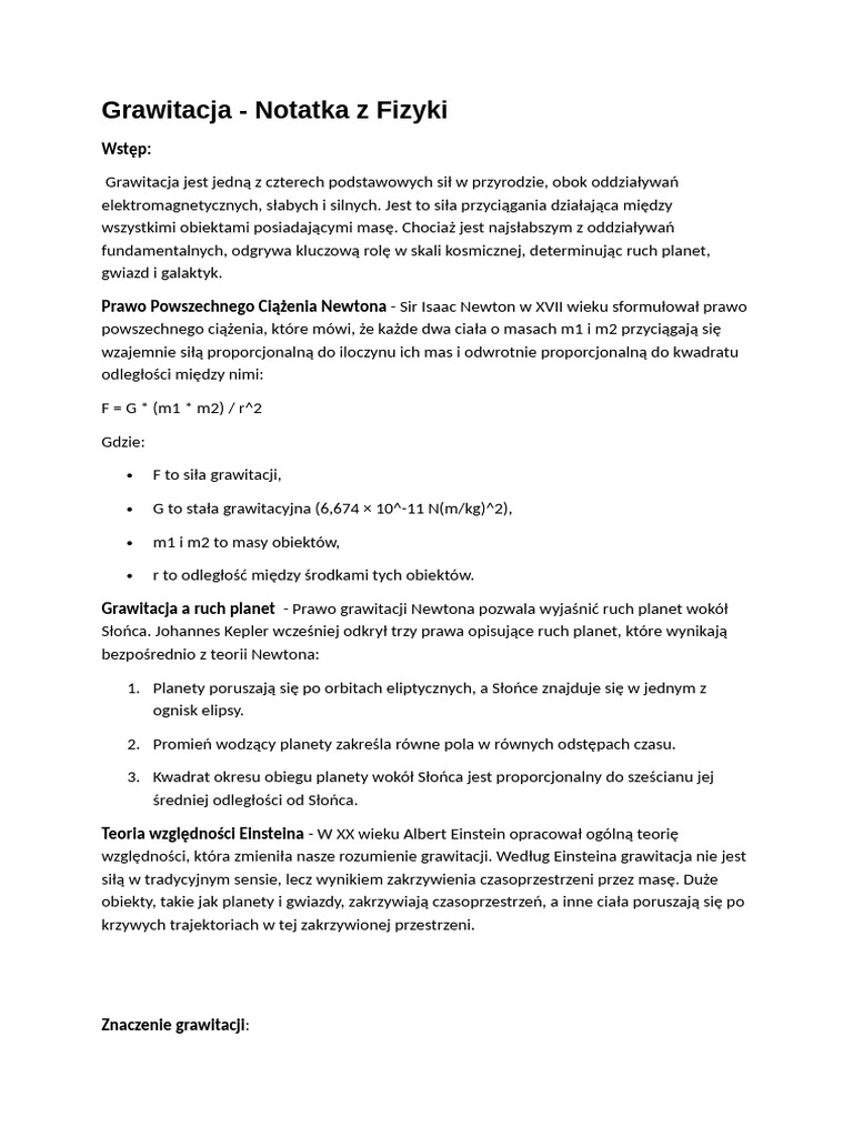 Grawitacja Fizyka Notatka | PDF