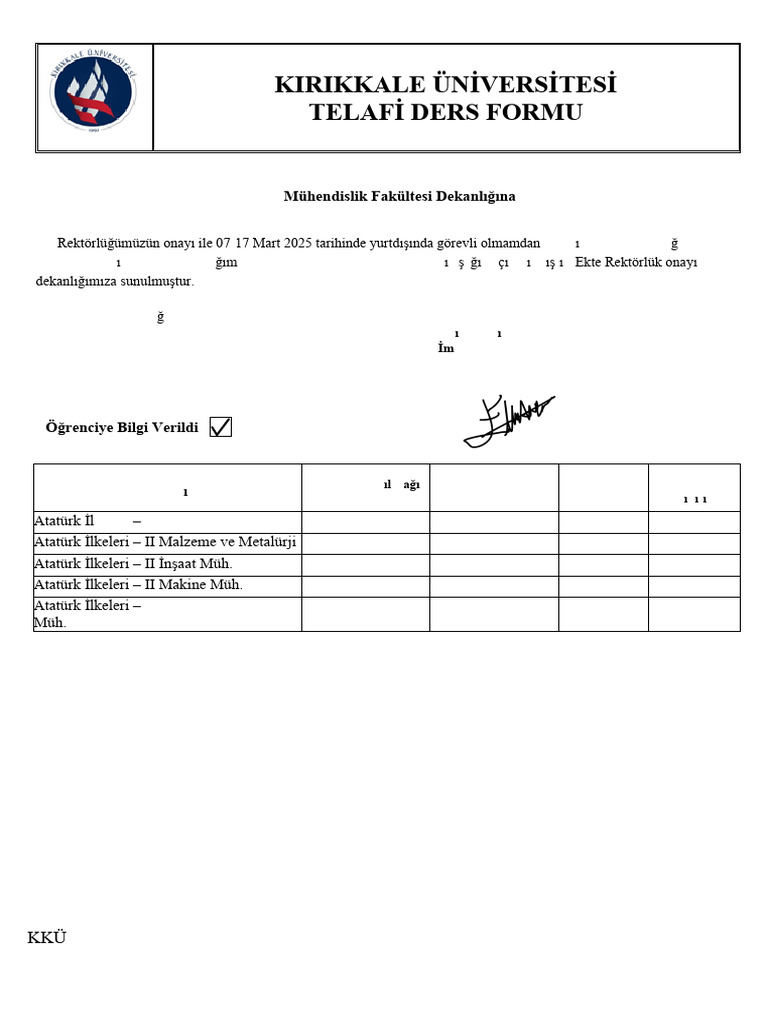 KKÜ-FRM-024 TELAFİ DERS FORMU-Mühendislik-imzalı | PDF