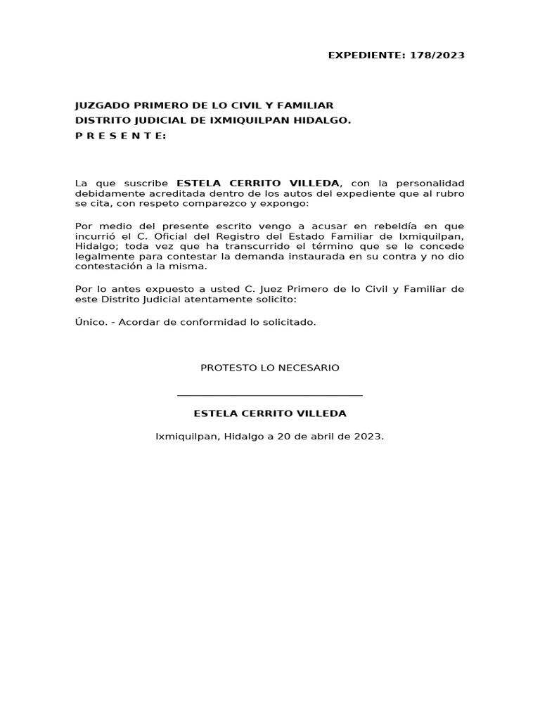 Escrito de Rebeldía Familiar 2023 | PDF