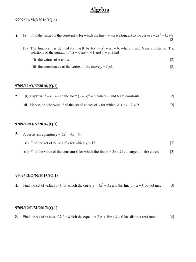 Quadratics (CHAPTER 2) O LEVEL MATHS WORKSHEET | PDF | Tangent | Equations