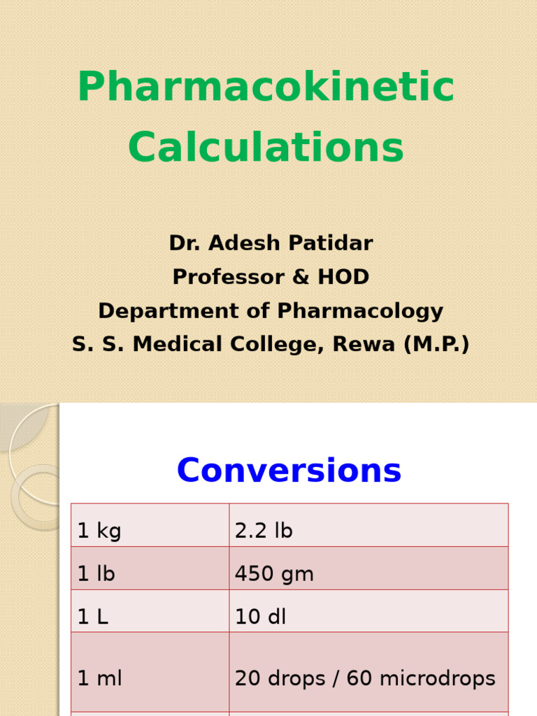 Pharmacokinetic Calculations Guide | PDF | Bioavailability ...