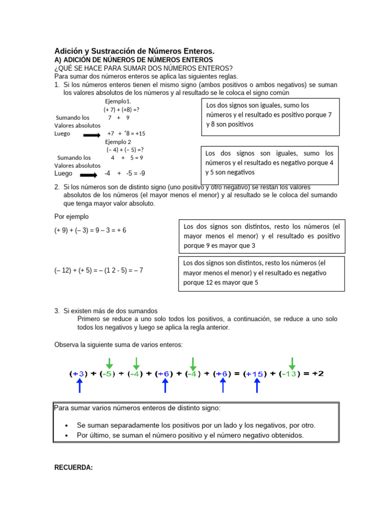Adición y Sustracción de Números Enteros | PDF | Sustracción | Entero