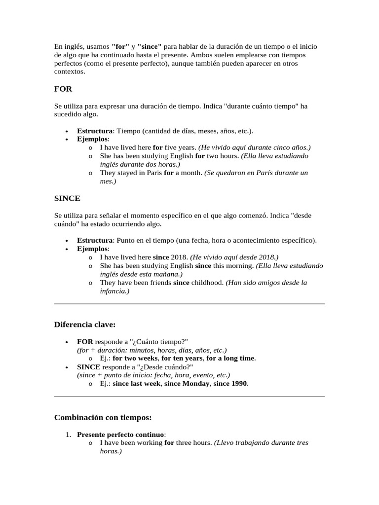 Uso de "for" y "since" en inglés | PDF