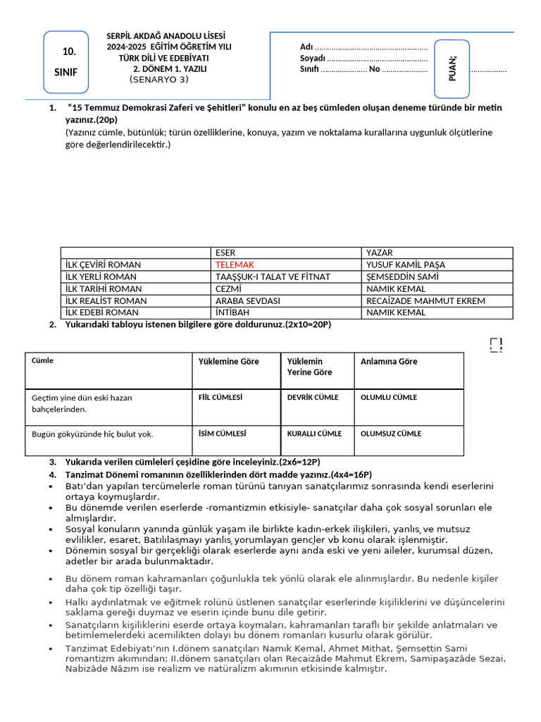 Sınıf 2.dönem 1.sınav CVP | PDF