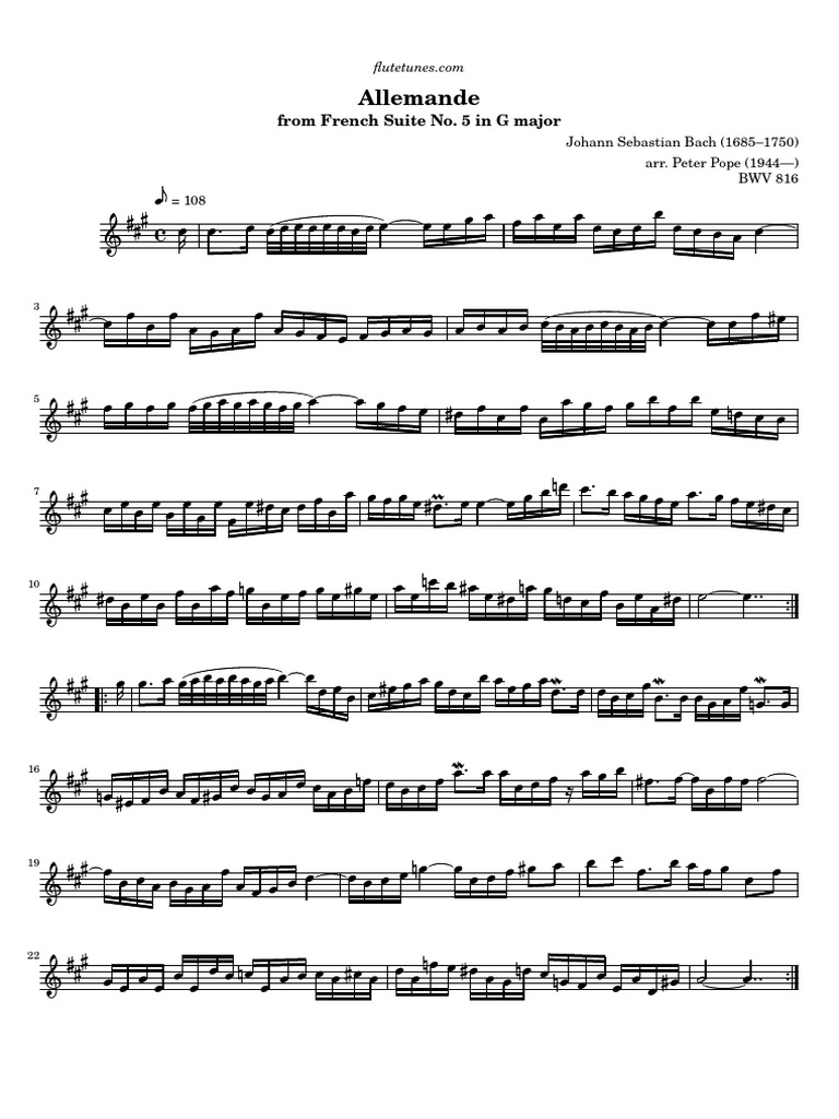 Bach French Suite No 5 Allemande Flute Guitar | PDF | Compositions ...
