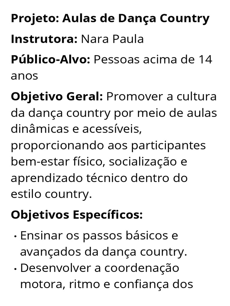 Projeto Aulas de Dança Country Nara Paula | PDF | Danças | Aprendizado
