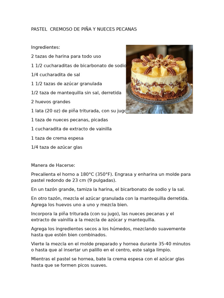 Pastel Cremoso de Piña y Nueces Pecanás | PDF
