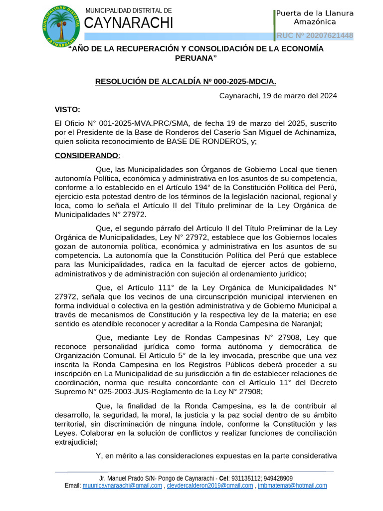 Resolución de Alcaldía #000-2025-Mdc-A - Base de Ronderos - San Miguel de Achinamiza | PDF ...