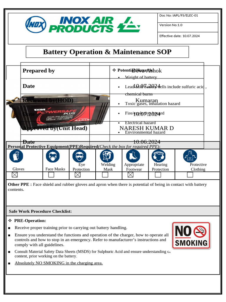 SOP For Battery Operation & Maintenance | PDF | Personal Protective ...
