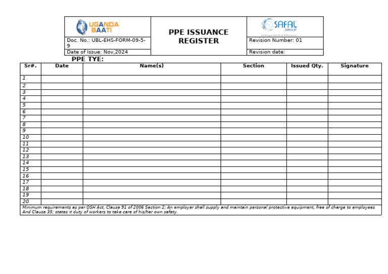 UBL-SHE-FORM-09-5-9 PPE Issuance Register | PDF