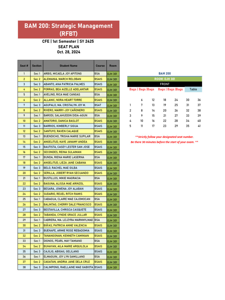 BAM 200 Seat Plan for Oct. 28, 2024 | PDF