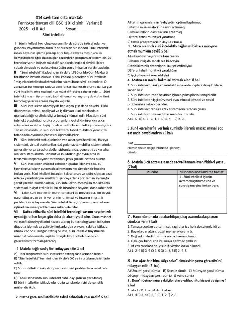 Azərbaycan Dili BSQ 1 XL Sinif Variant B | PDF