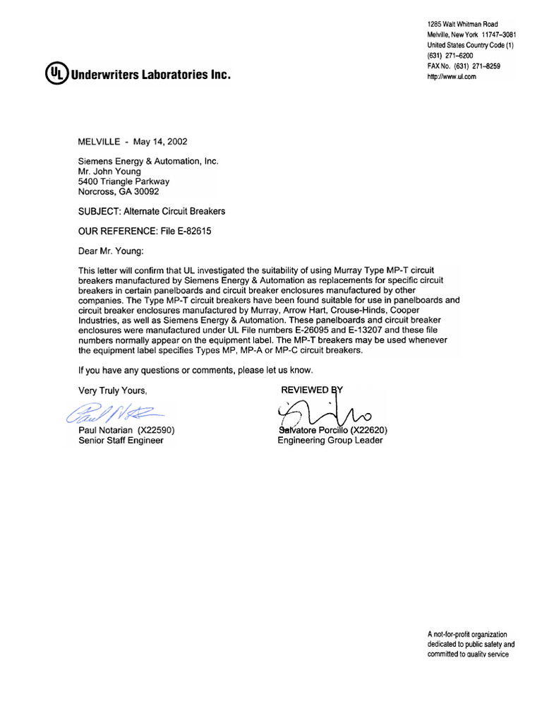 UL Letter On Murray Breakers 2 E26095 | PDF