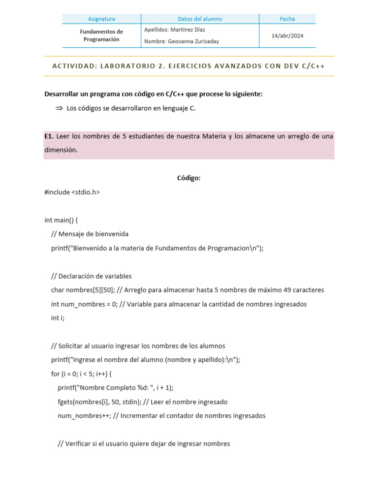 Laboratorio_02_Fundamentos de Programación | PDF | C (lenguaje de programación) | C
