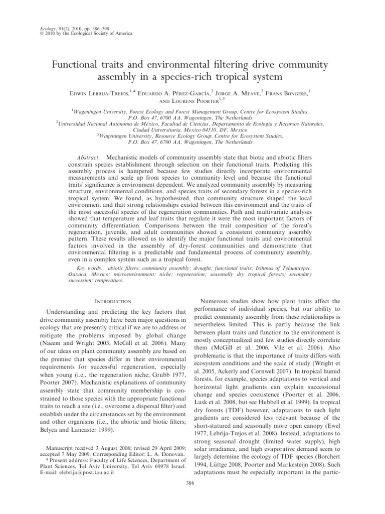 Lebrija-Trejos Et Al 2010 - Functional Traits and Environmental ...