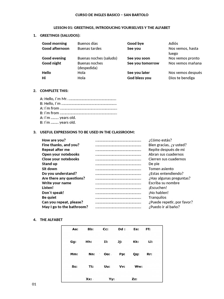 Lesson 01 - Ingles Basico | PDF