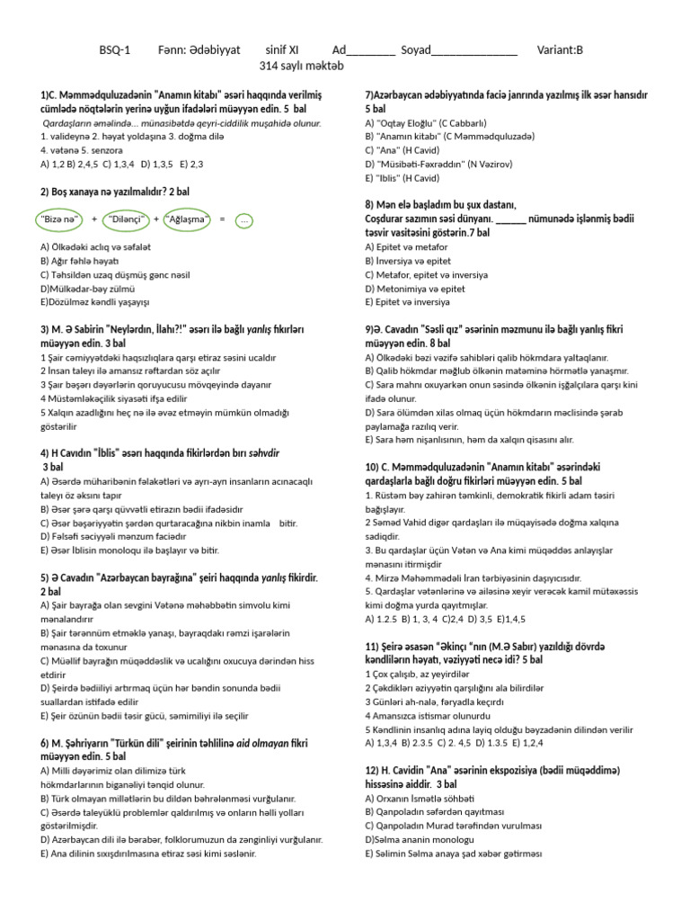Edebiyyat BSQ - 1 XL Sinif Variant B | PDF
