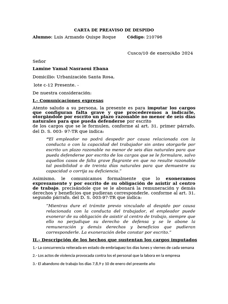 MODELO DE CARTA DE PREAVISO DE DESPIDO | PDF | Justicia | Crimen y ...