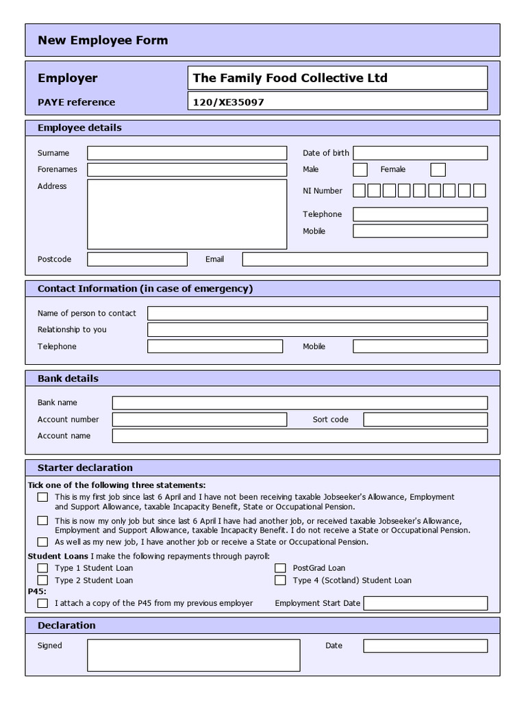 Employee New Starter Form | PDF