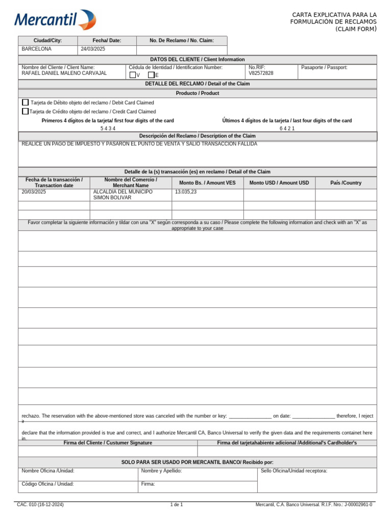 Cac 010 Carta Explicativa para La Formulacion de Reclamos | PDF ...