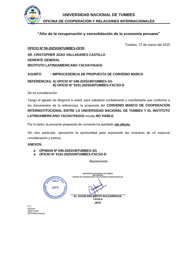 Oficio 90-2025 Improcedencia de Convenio Marco - Yachayhuasy | PDF